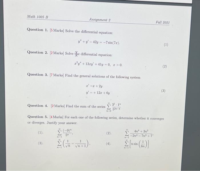 Solved Math 1005 B Assignment 2 Fall 2021 Question 1. [5 | Chegg.com ...