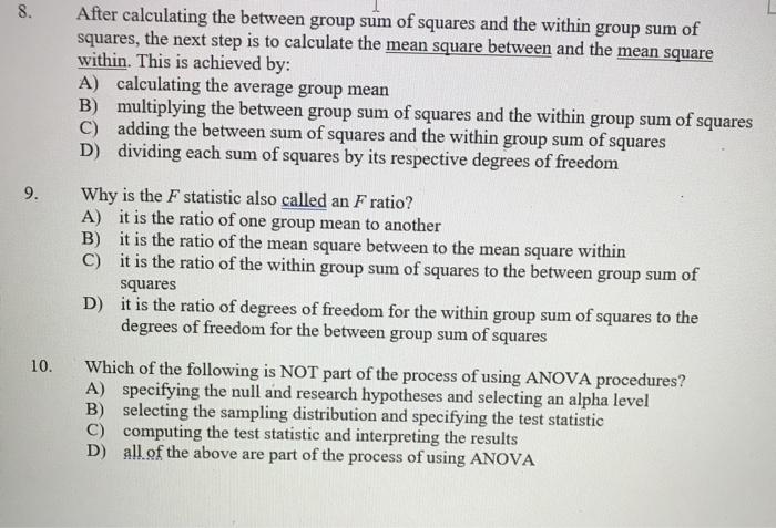 Solved 8. 9. After calculating the between group sum of | Chegg.com
