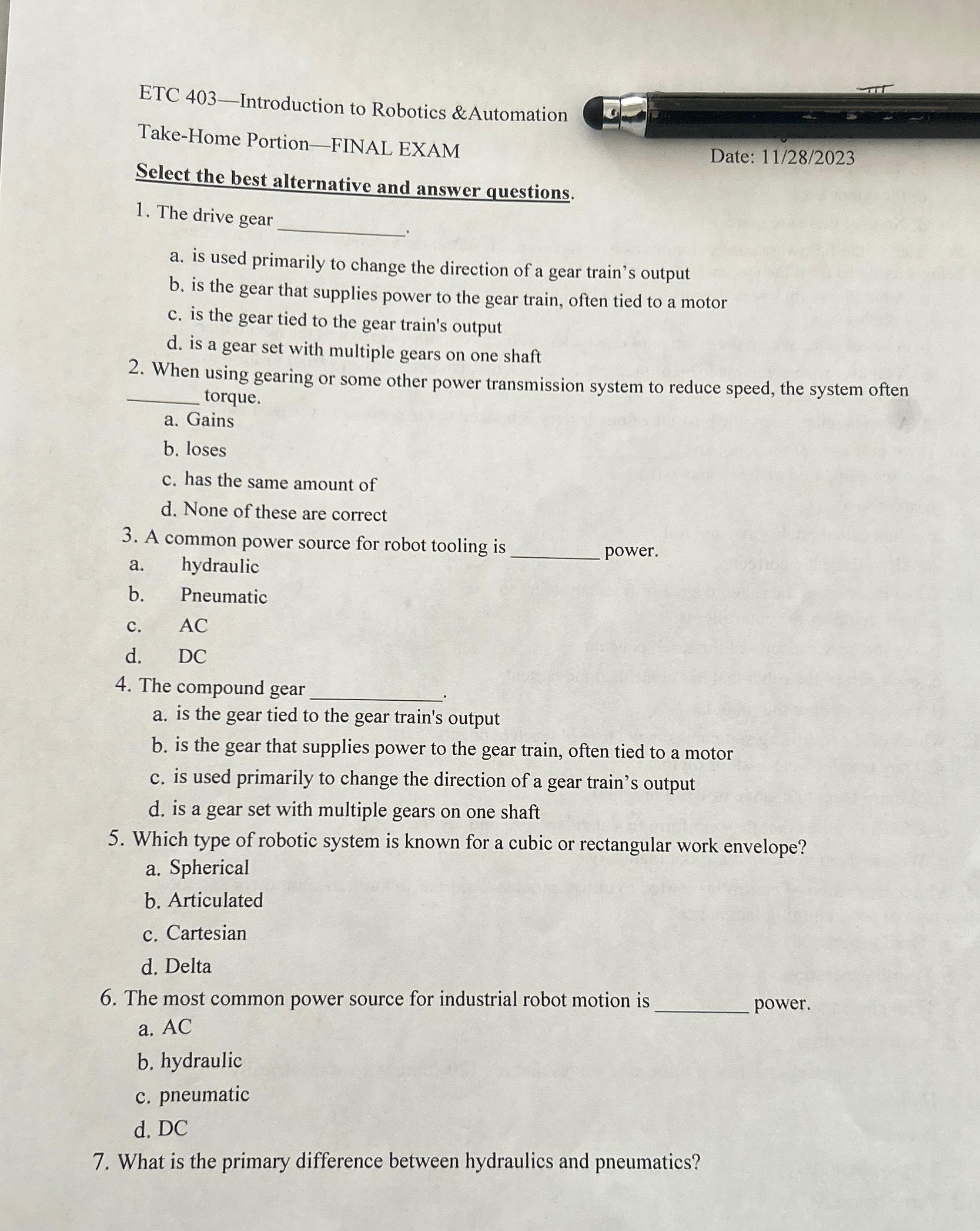 Solved ETC 403 - ﻿Introduction to Robotics &Automation | Chegg.com