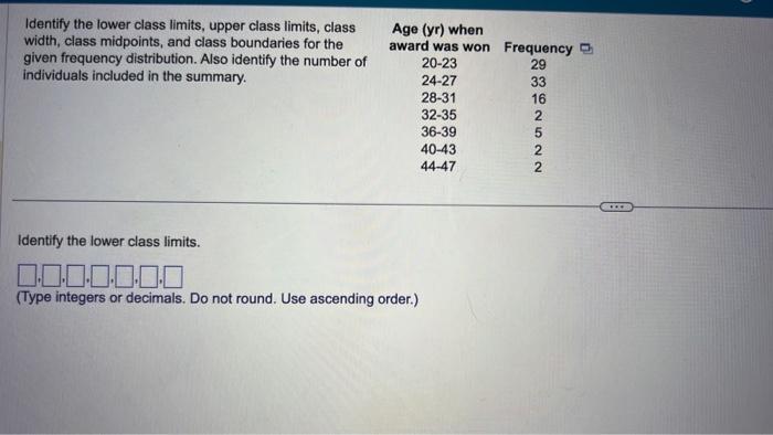 Solved Identify the lower class limits, upper class limits, | Chegg.com