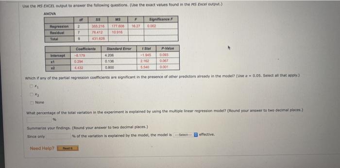 Solved Use the MS EXCEL output to answer the following | Chegg.com