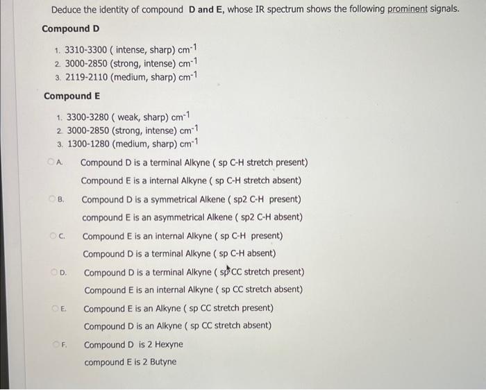Solved Deduce the identity of compound D and E, whose IR | Chegg.com