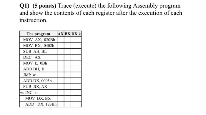 Solved Q1) (5 points) Trace (execute) the following Assembly | Chegg.com
