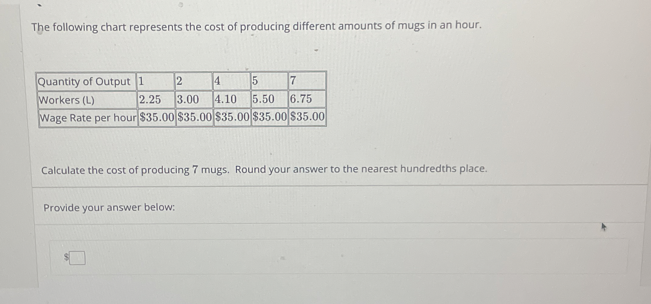 Solved The following chart represents the cost of producing | Chegg.com