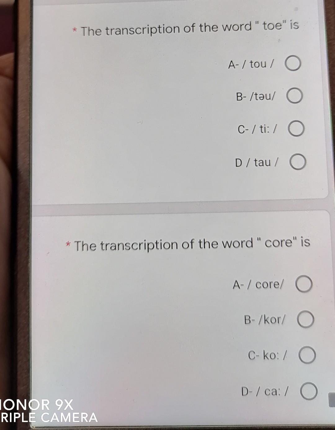 Solved * The transcription of the word " toe" is A- / tou / | Chegg.com