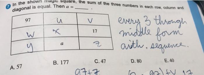 Solved (7) In the shown magic square, the sum of the three | Chegg.com