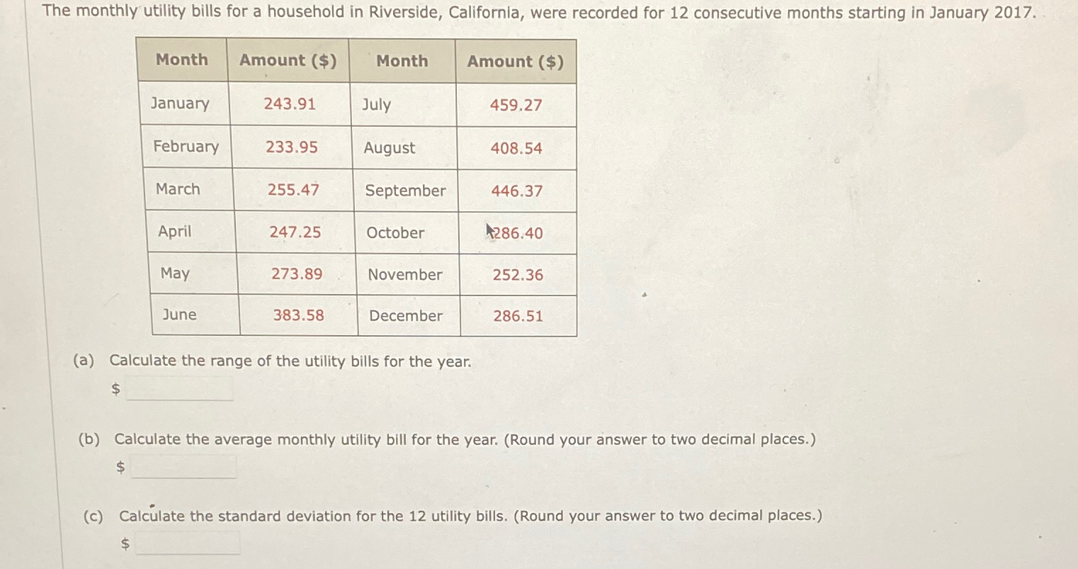Solved The monthly utility bills for a household in | Chegg.com