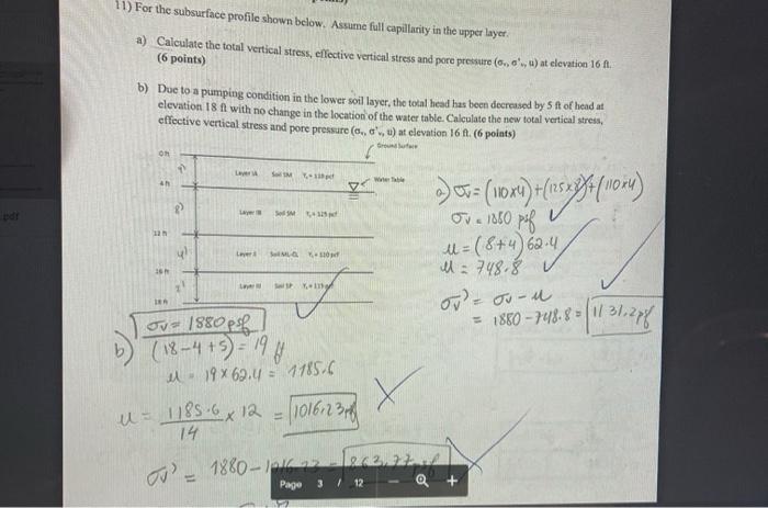 Solved 11) For the subsurface profile shown below. Assume | Chegg.com