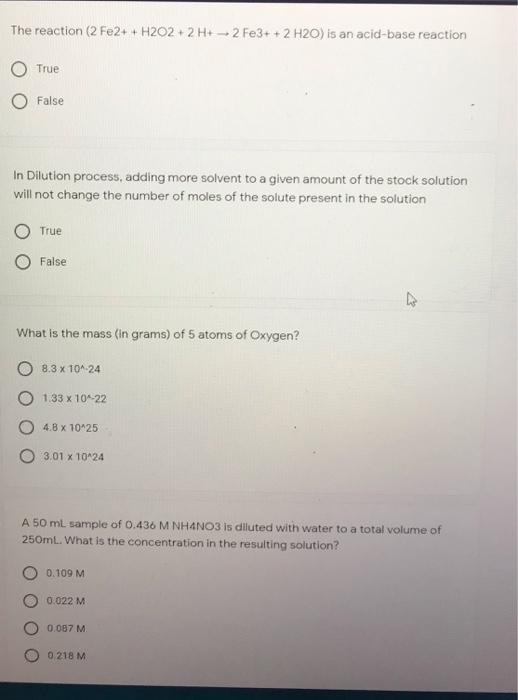 Solved The reaction (2 Fe2+ + H2O2 + 2H+ - 2 Fe3+ + 2 H2O) | Chegg.com