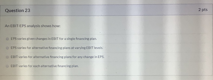 Solved Question 23 2 pts An EBIT-EPS analysis shows how: EPS | Chegg.com
