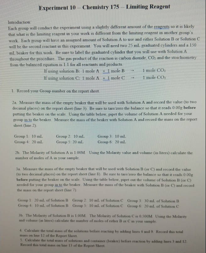 Solved Experiment 10 - Chemistry 175 - Limiting Reagent | Chegg.com