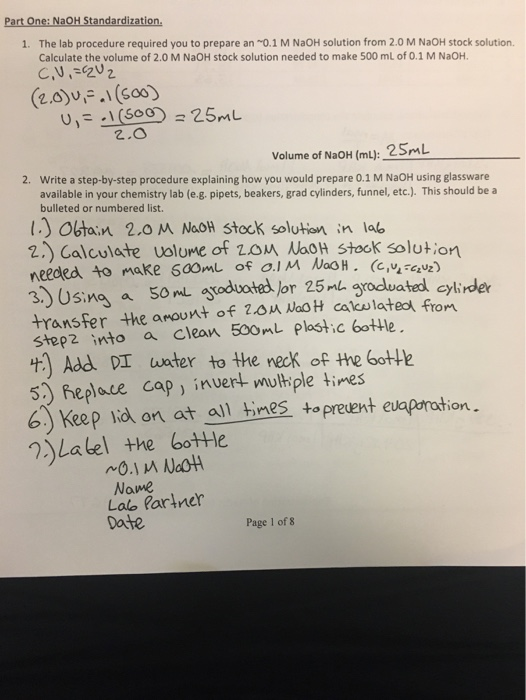 Solved Part One: NaOH Standardization. 1. The lab procedure | Chegg.com