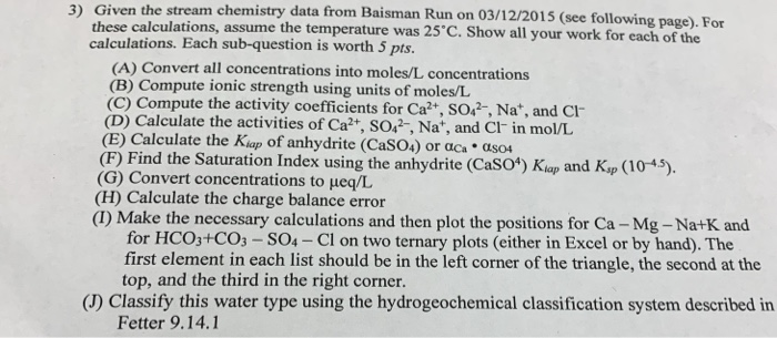 3) Given the stream chemistry data from Baisman Run | Chegg.com