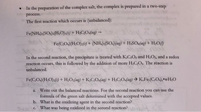 Solved In the preparation of the complex salt, the complex | Chegg.com