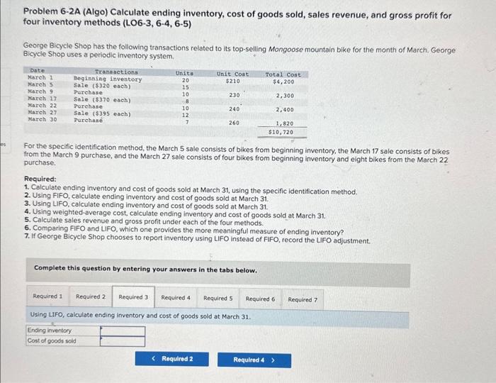 Solved Problem 6-2A (Algo) Calculate ending inventory, cost | Chegg.com
