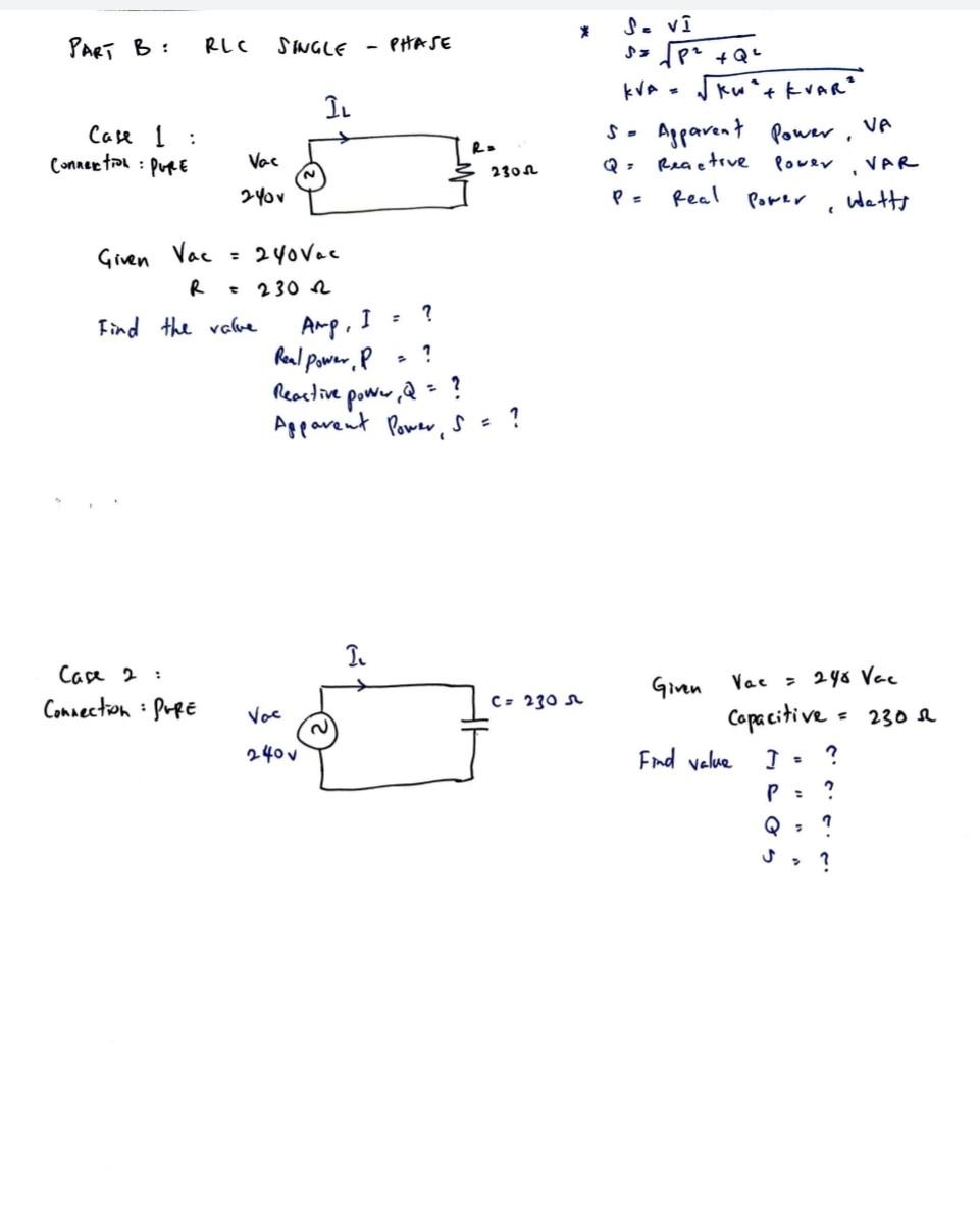 Solved Part B: RlC single - Phase Case 1: connectios: Pupe | Chegg.com