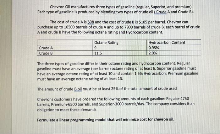 Solved Chevron Oil manufactures three types of gasoline | Chegg.com