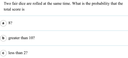 Solved Two fair dice are rolled at the same time. What is | Chegg.com