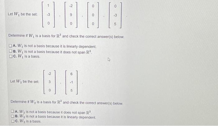 Solved Let W1 be the set: ⎣⎡1−30⎦⎤,⎣⎡−290⎦⎤,⎣⎡000⎦⎤,⎣⎡0−35⎦⎤ | Chegg.com