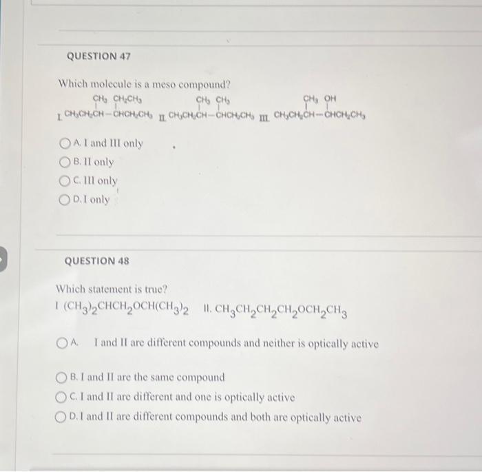 Solved Which molecule is a meso compound? A. I and III only | Chegg.com