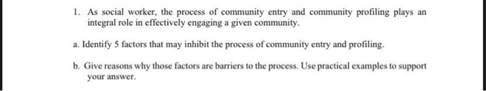 Solved 1. As social worker, the process of community entry | Chegg.com
