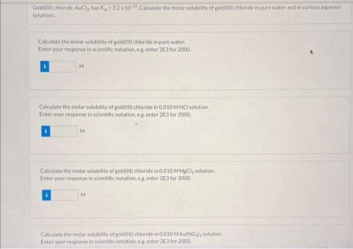 Solved Gold(III) chloride, AuCl3, has Ksp=3.2×10−25. | Chegg.com