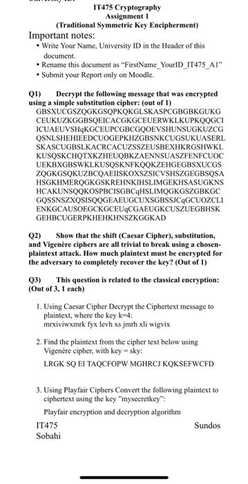 Solved (Traditional Symmetric Key Encipherment) Important | Chegg.com