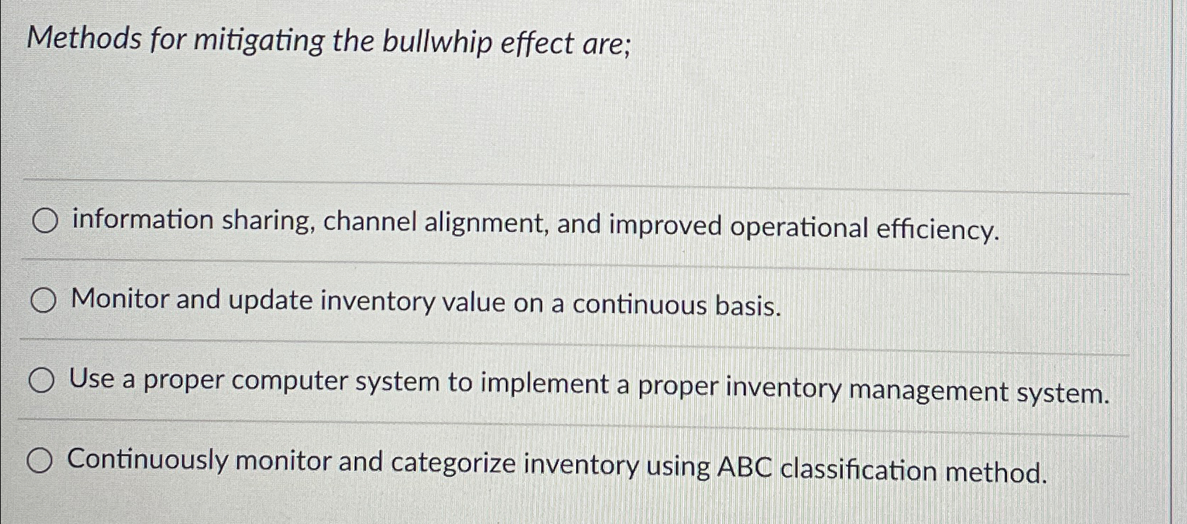 Solved Methods for mitigating the bullwhip effect | Chegg.com