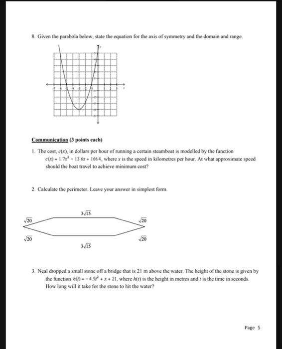 Solved MCF3M/MCR3U1-JA/JB BALC Test 3 Chapter 3 Quadratic | Chegg.com