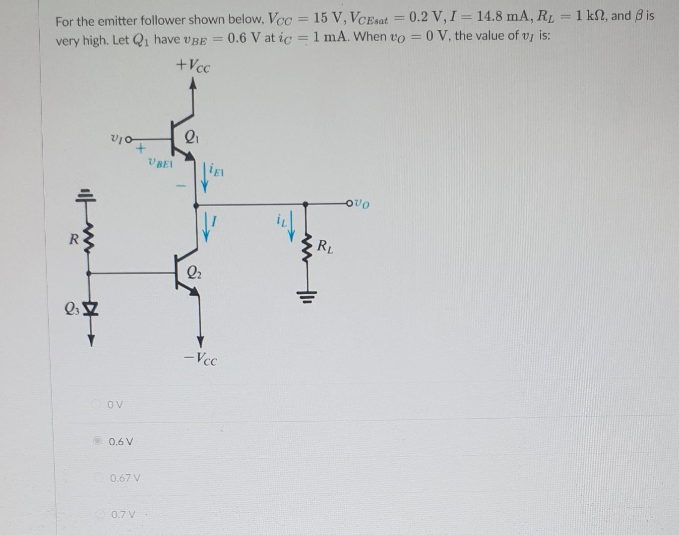 Solved For the emitter follower shown below, VCC=15 V,VC | Chegg.com