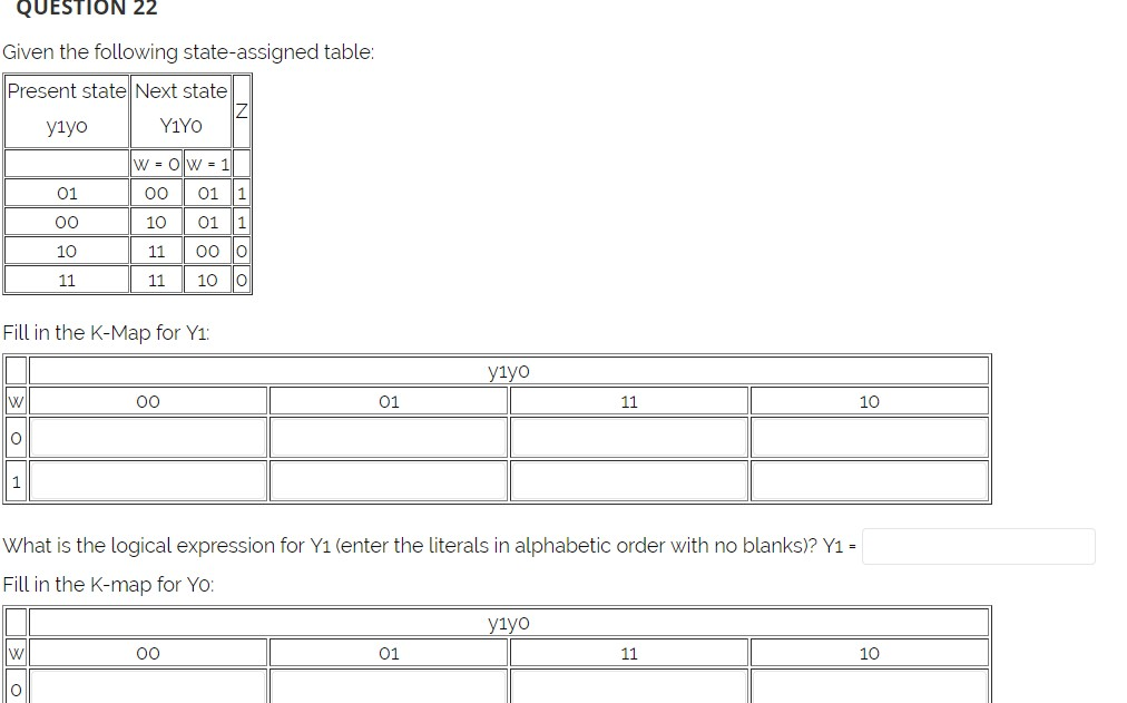 Solved QUESTION 22 Given the following state-assigned table: | Chegg.com