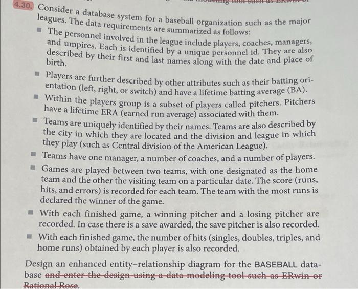 Solved a 4.30. Consider a database system for a baseball | Chegg.com