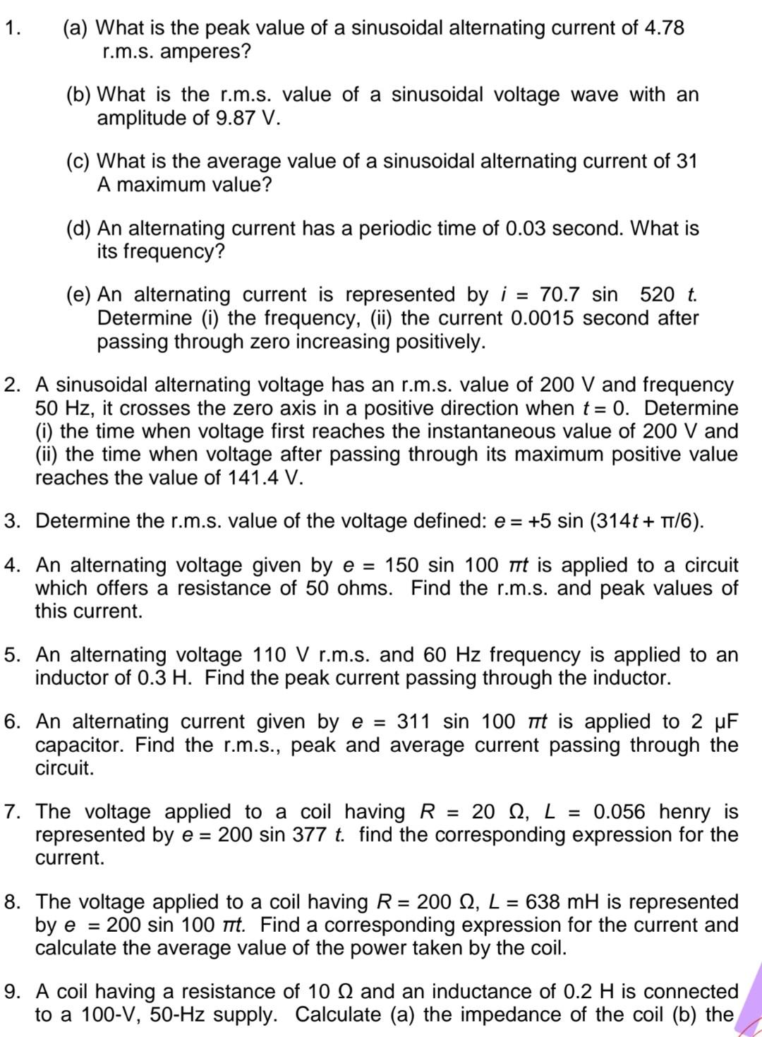 Solved 1. (a) What is the peak value of a sinusoidal | Chegg.com