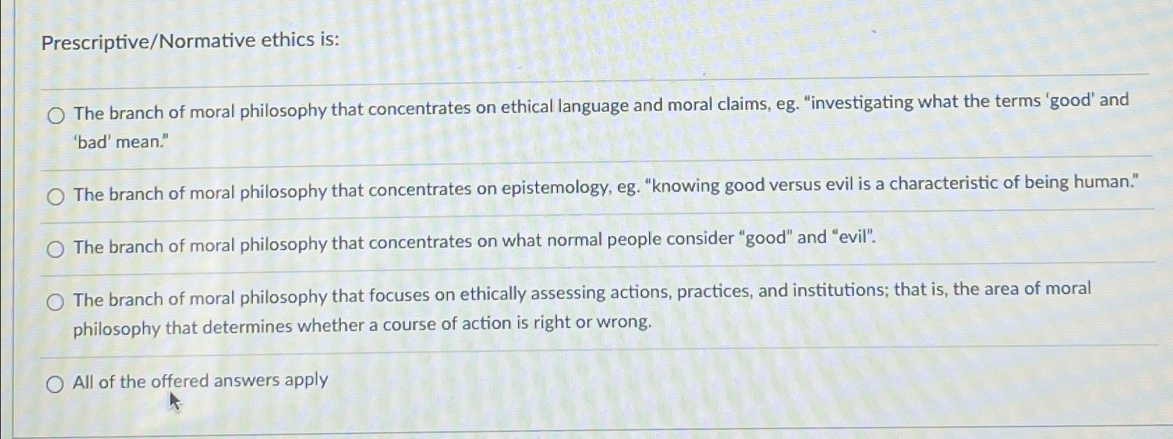 Solved Prescriptive/Normative ethics is:The branch of moral | Chegg.com