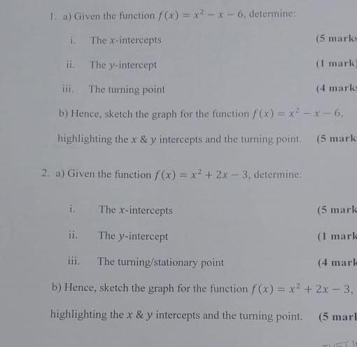 Solved 1. a) Given the function f(x)=x2−x−6, determine: 1. | Chegg.com