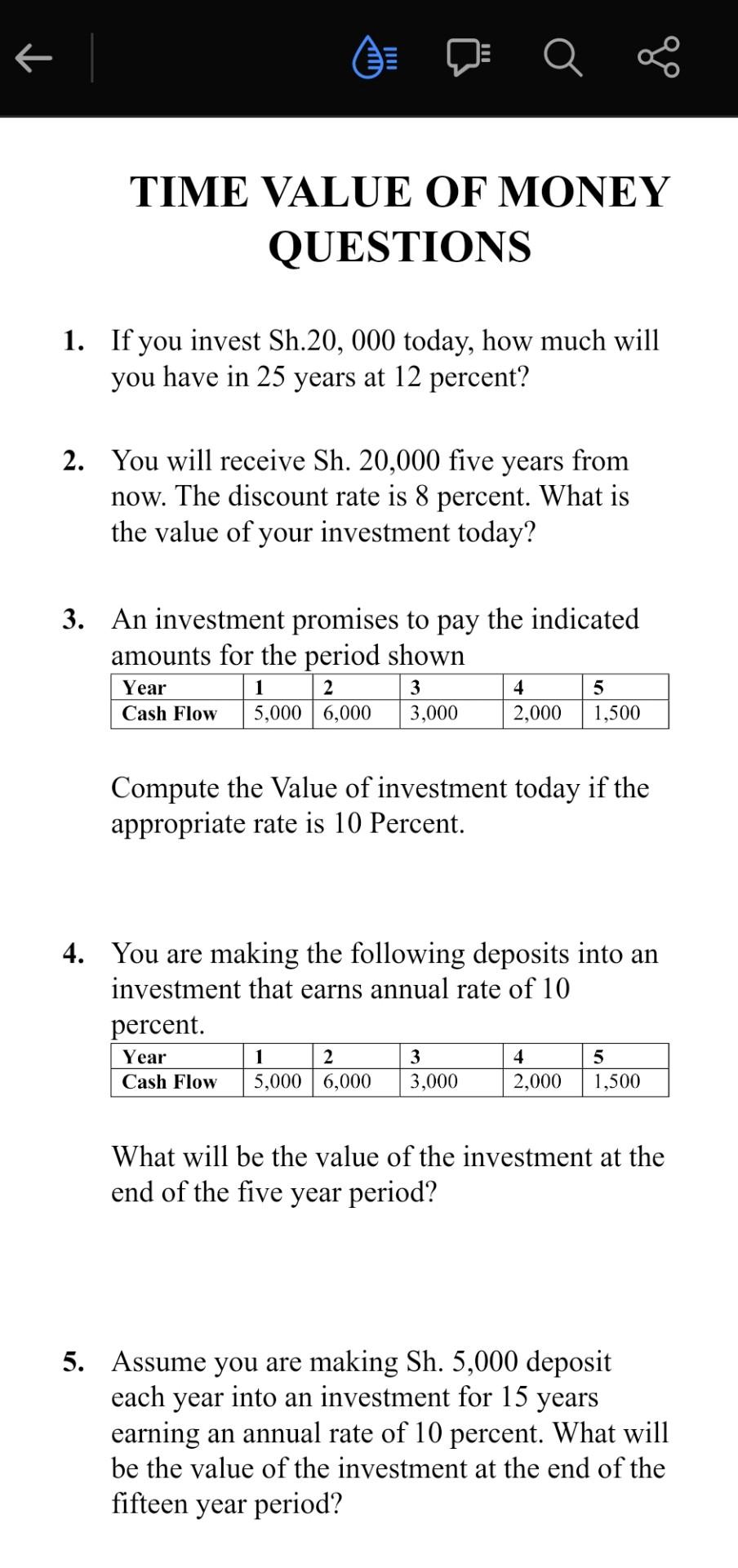 Solved TIME VALUE OF MONEY QUESTIONS 1. If you invest Sh.20, | Chegg.com