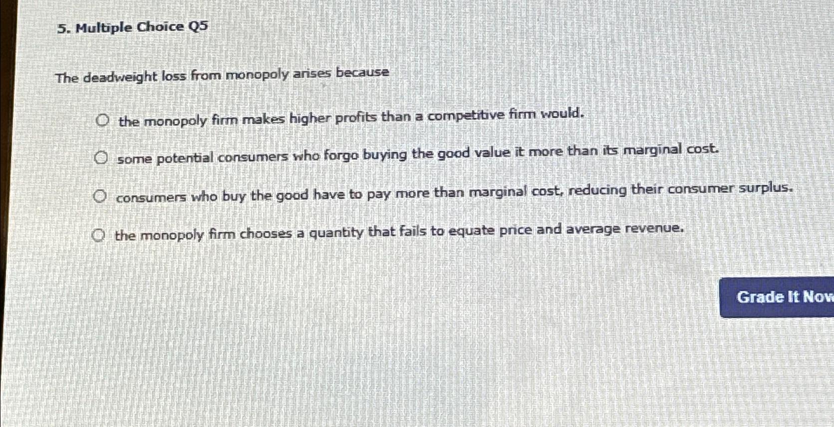 Solved Multiple Choíce Q5The deadweight loss from monopoly | Chegg.com