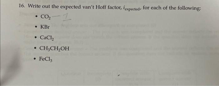 Solved 16. Write out the expected van't Hoff factor, | Chegg.com