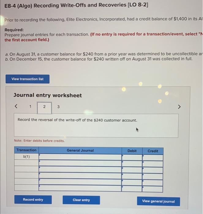 Solved E8-4 (Algo) Recording Write-Offs and Recoveries [LO | Chegg.com
