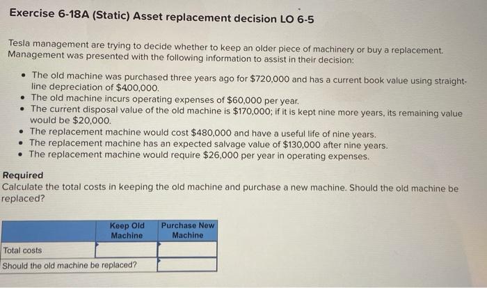 Solved Exercise 6-18A (Static) Asset replacement decision LO | Chegg.com Solved Exercise 6-18A (Static) Asset replacement decision LO | Chegg.com