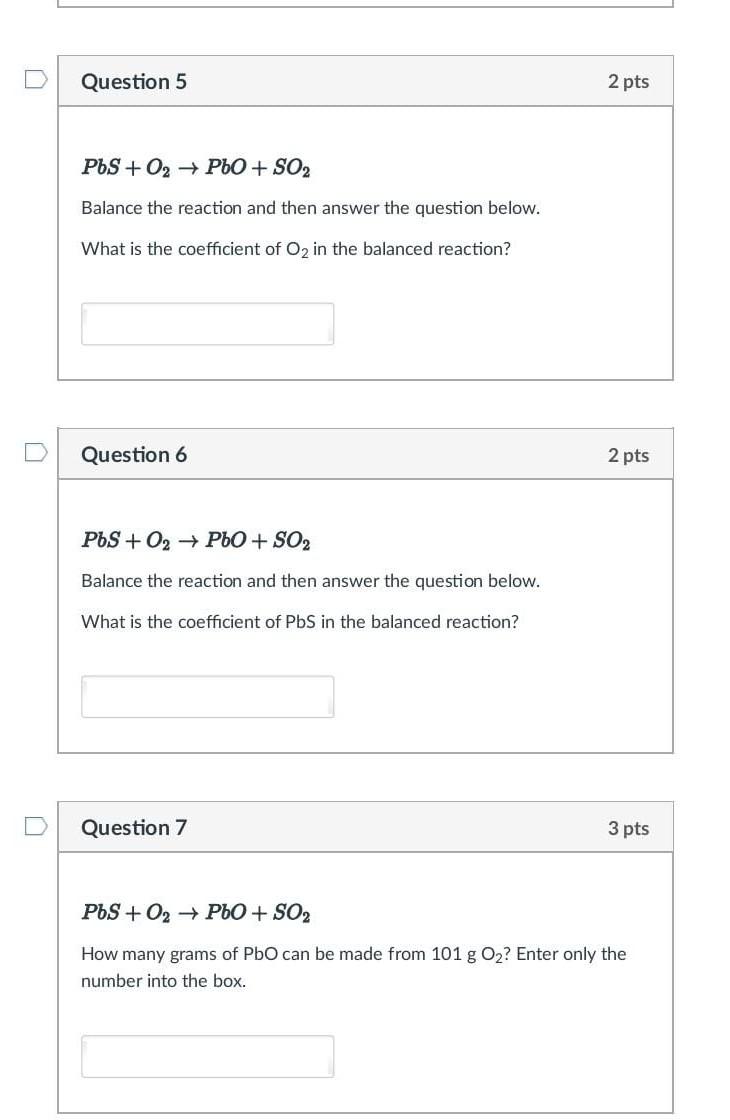Solved PbS+O2→PbO+SO2 Balance the reaction and then answer | Chegg.com
