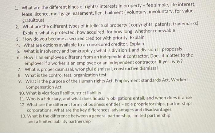 Solved 1. What are the different kinds of rights/ interests | Chegg.com