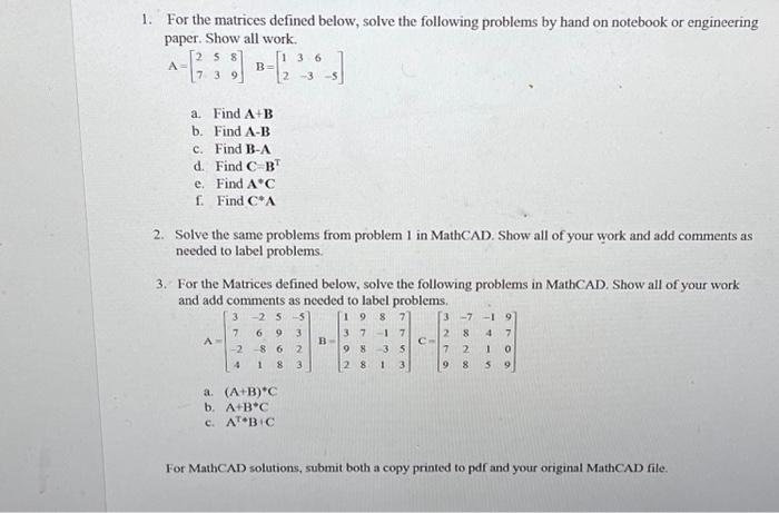 Solved 1. For the matrices defined below, solve the | Chegg.com