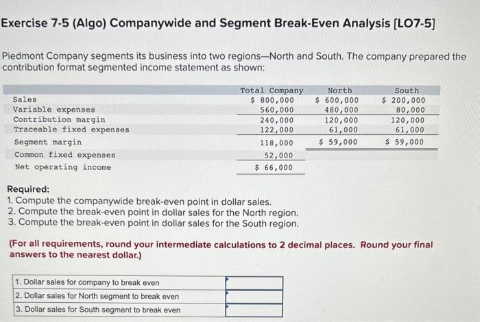 Solved Exercise 7-5 (Algo) Companywide and Segment | Chegg.com