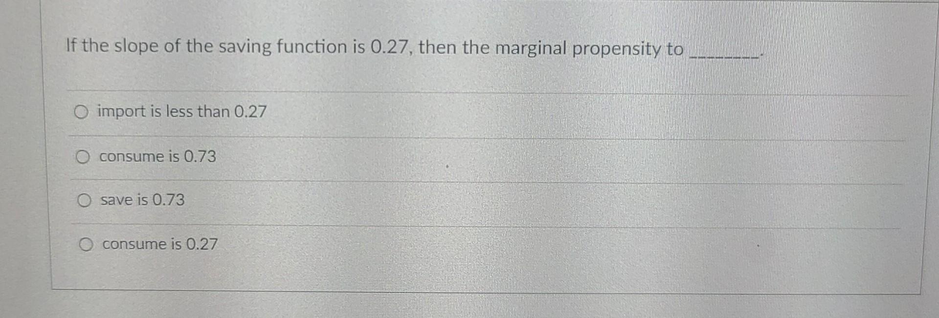 Solved If the slope of the saving function is 0.27, then the | Chegg.com