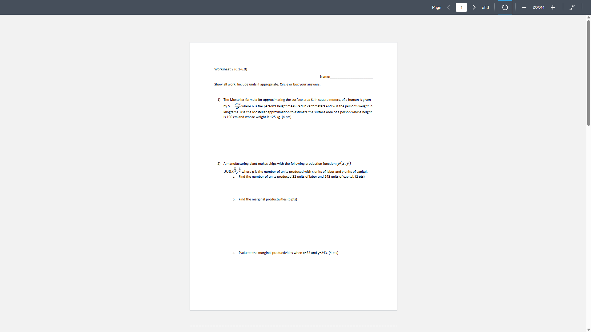 Solved Worksheet 9 (6.1-6.3) ﻿Name: Show all work. Include | Chegg.com