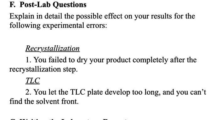 Solved F. Post-Lab Questions Explain in detail the possible | Chegg.com
