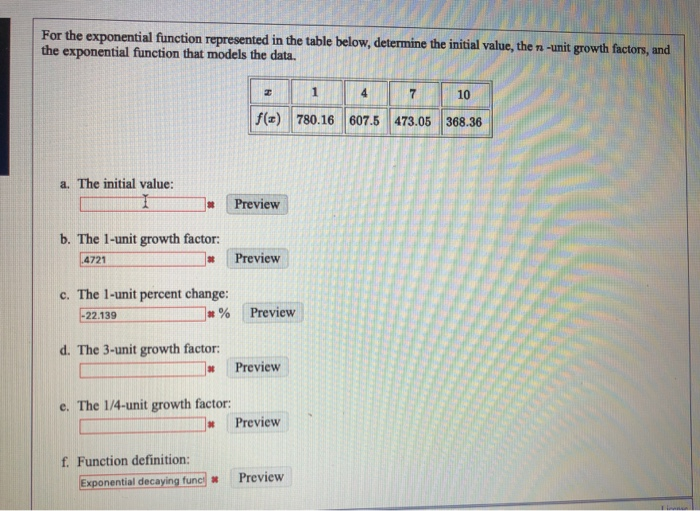 Solved For the exponential function represented in the table | Chegg.com