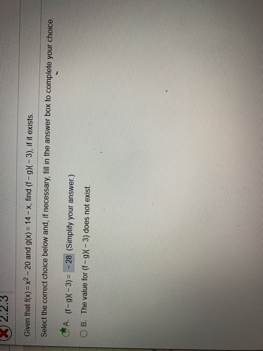 Solved 2.2.3 Given that f(x)=x2-20 and g(x) = 14 - x, find | Chegg.com