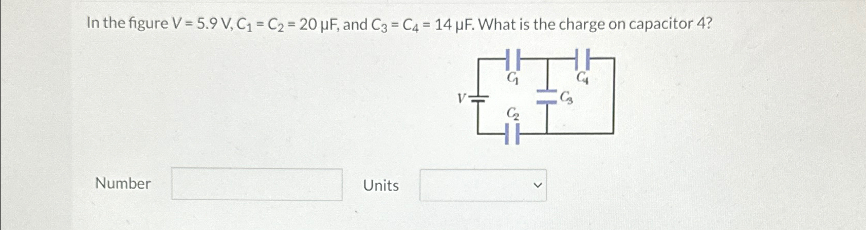 Solved In the figure V=5.9V,C1=C2=20μF, ﻿and C3=C4=14μF. | Chegg.com